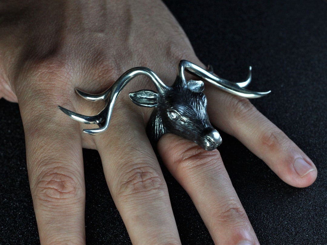 925 Sterling Silver Deer Antler Ring With Gemstone Eyes, Gift for ...