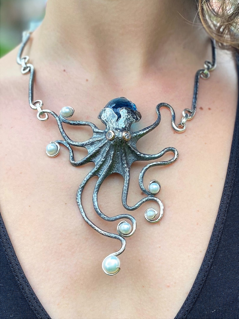 Oxidized Sterling Silver Octopus Necklace: Aquamarine, Pearl & Zircon ...