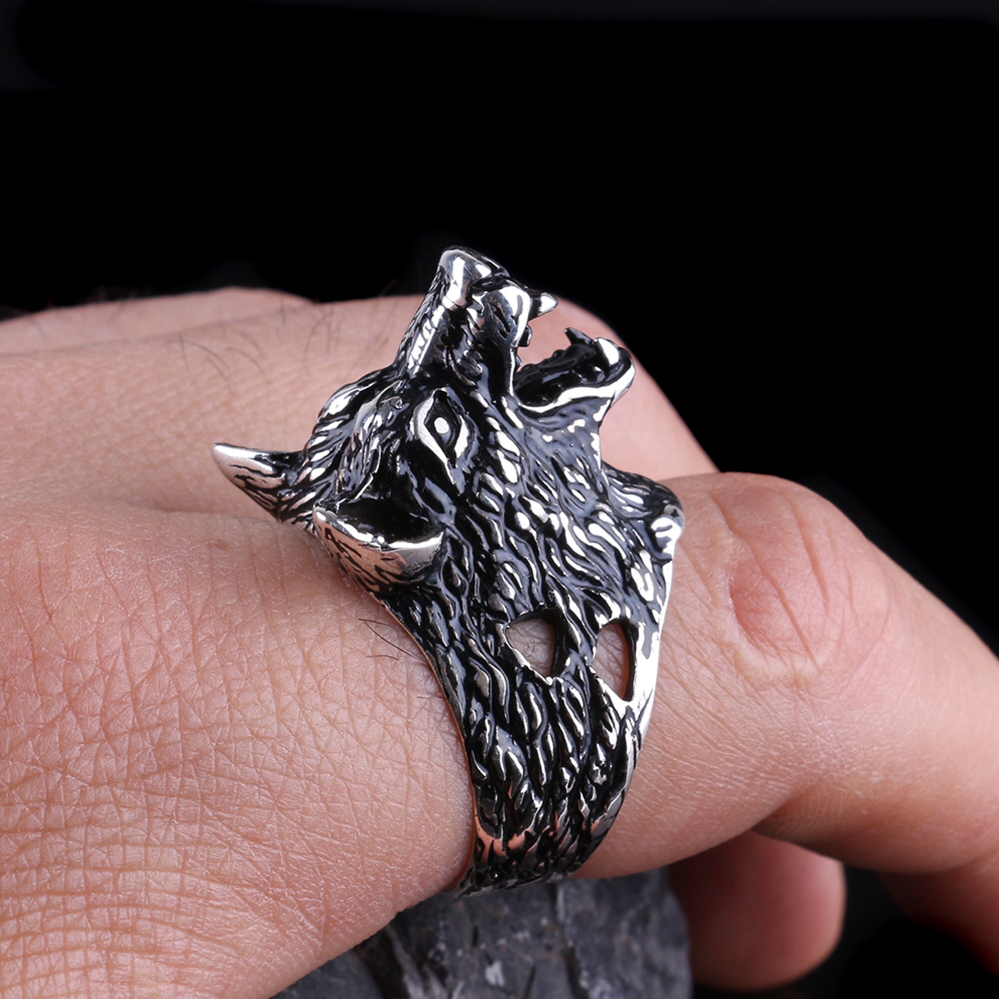 Silver Wolf Ring 3D Wolf Head Ring Animal Howling Wolf Ring - Etsy