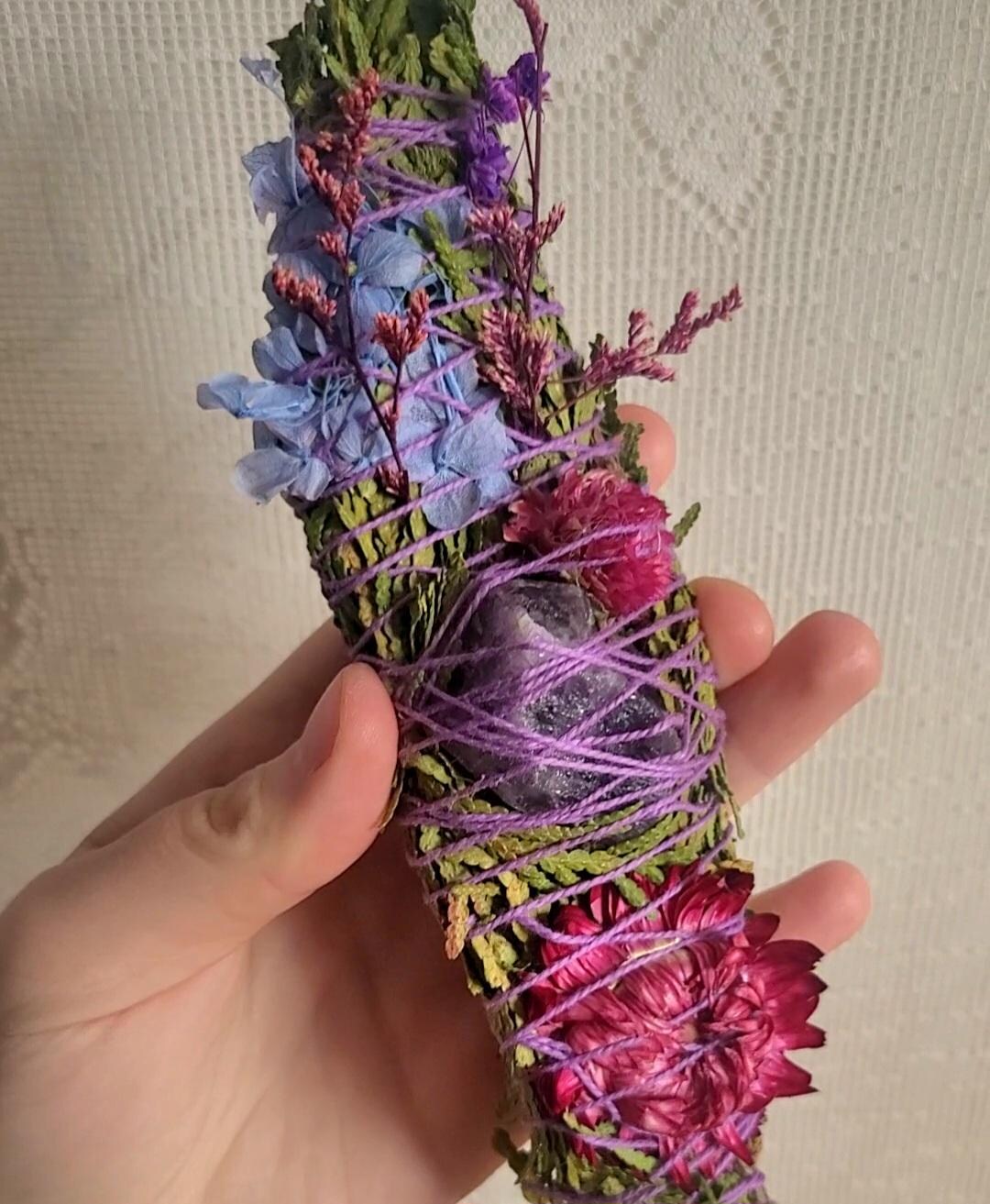 Amethyst Cedar and Florals Smudge Stick Blessing Wand Bundle Bouquet ...