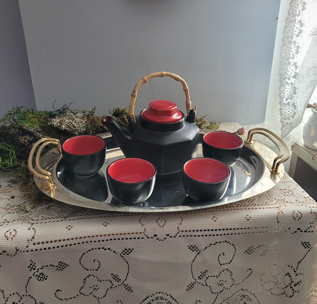 Oriental Japanese Red and Black Tea Set Teapot Tea Cups House Warming ...