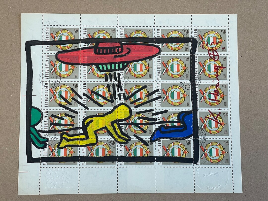 Keith Haring Postal Stamps Sheet and Hand Colored Certificate of ...