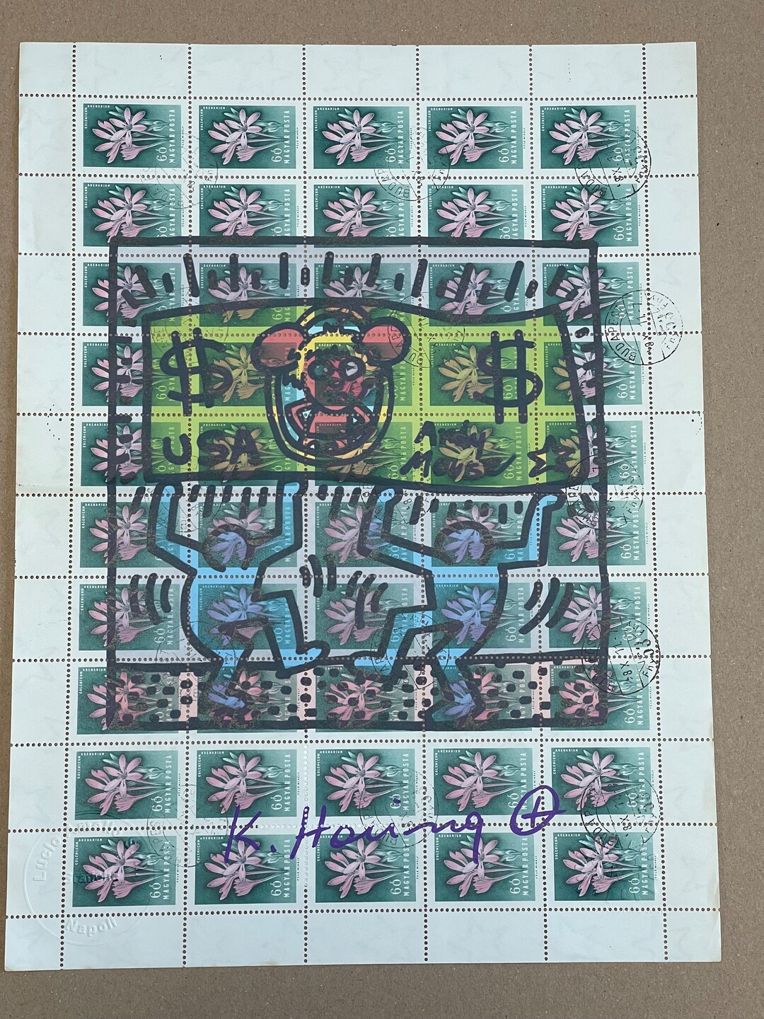Keith Haring Postal Stamps Sheet and Hand Colored Certificate of ...
