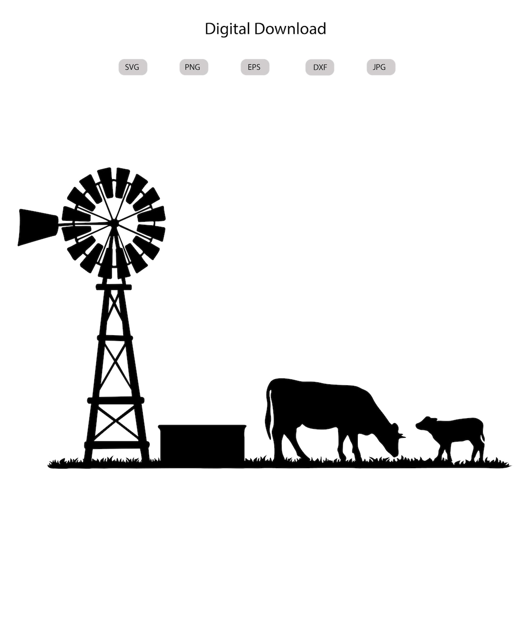 Farm Scene With Cattle and Windmill Svg - Farming Silhouette - Windmill ...