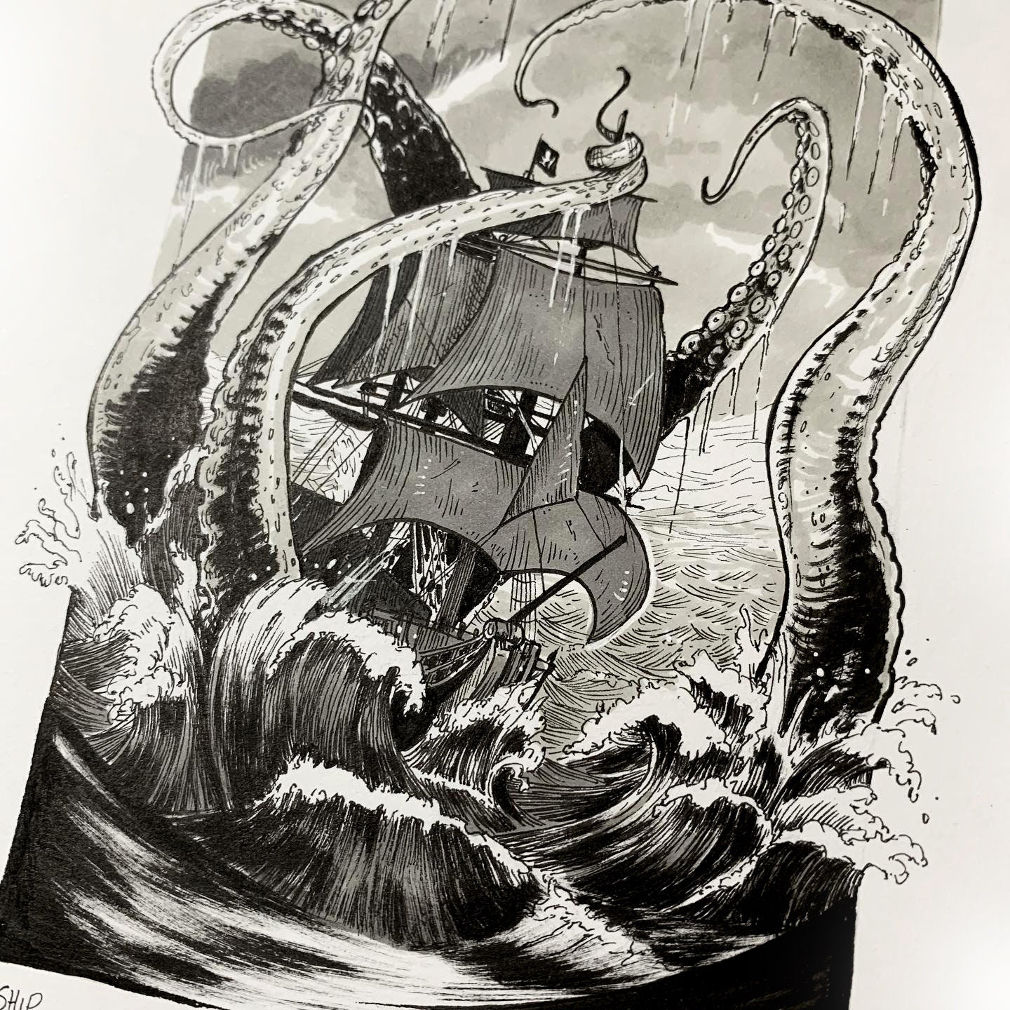 Drawing Kraken Pirate Ship Ship Illustration - Etsy