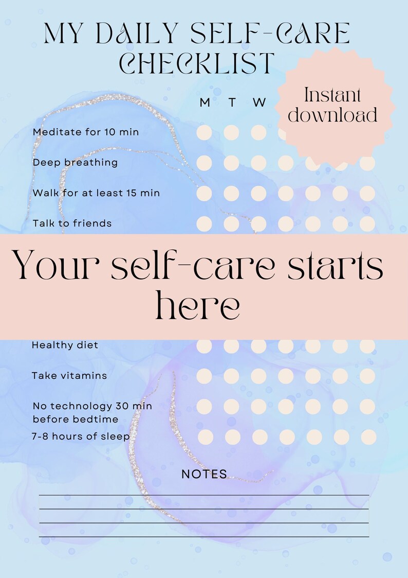 Self-care Daily Checklist Organiser INSTANT Digital Download A4 PDF ...