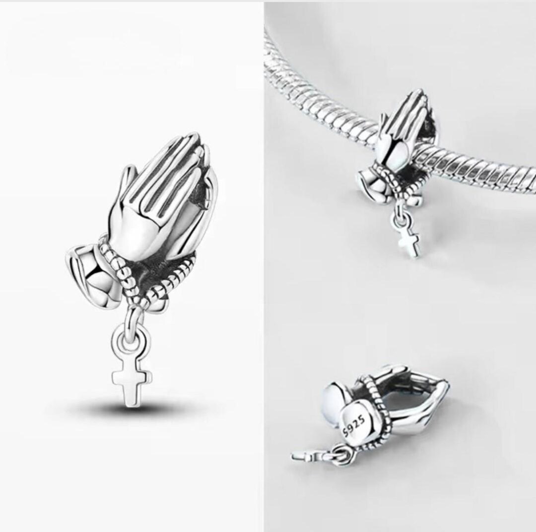 925 Praying Hands Charm With Prayer Beads & Cross Sterling Silver ...