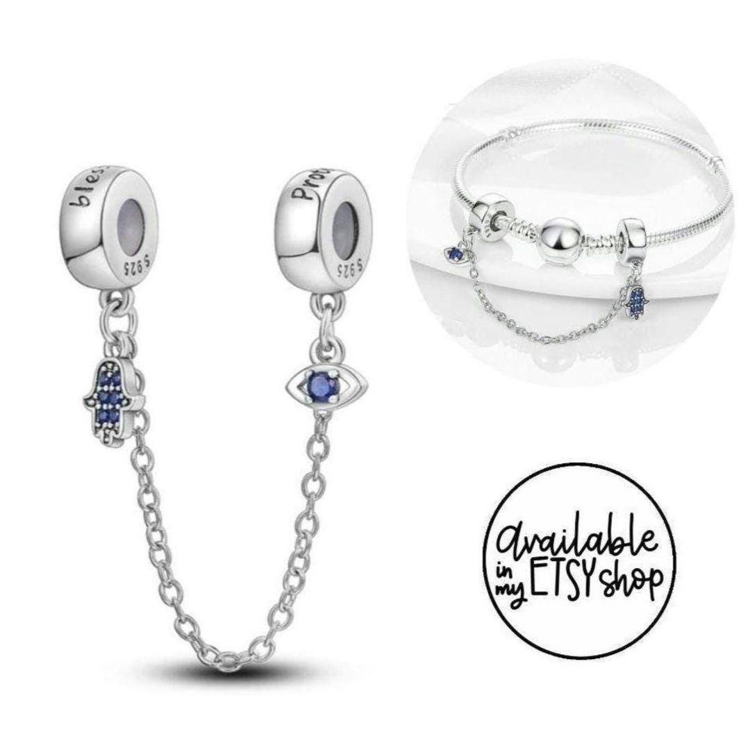 925 Safety Chain for Charm Bracelet Silicone Stoppers, Hamsa Hand of ...