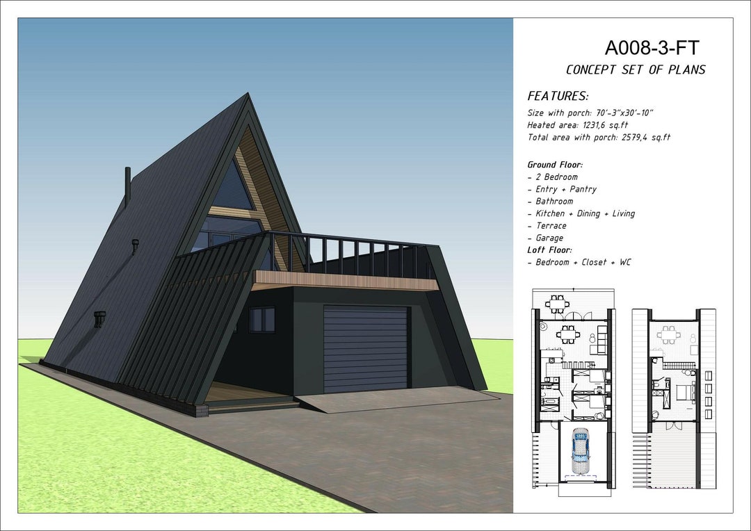 A Frame Cabin House Plans 70x40 Small 3 Bedrooms Home Plans - Etsy