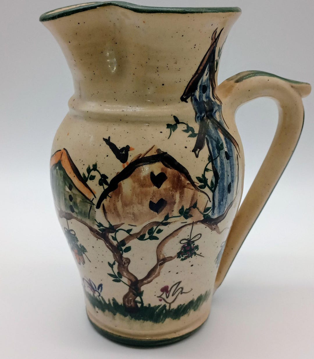 Studio Art Pottery Pitcher, Birds and Bird House, Signed. - Etsy