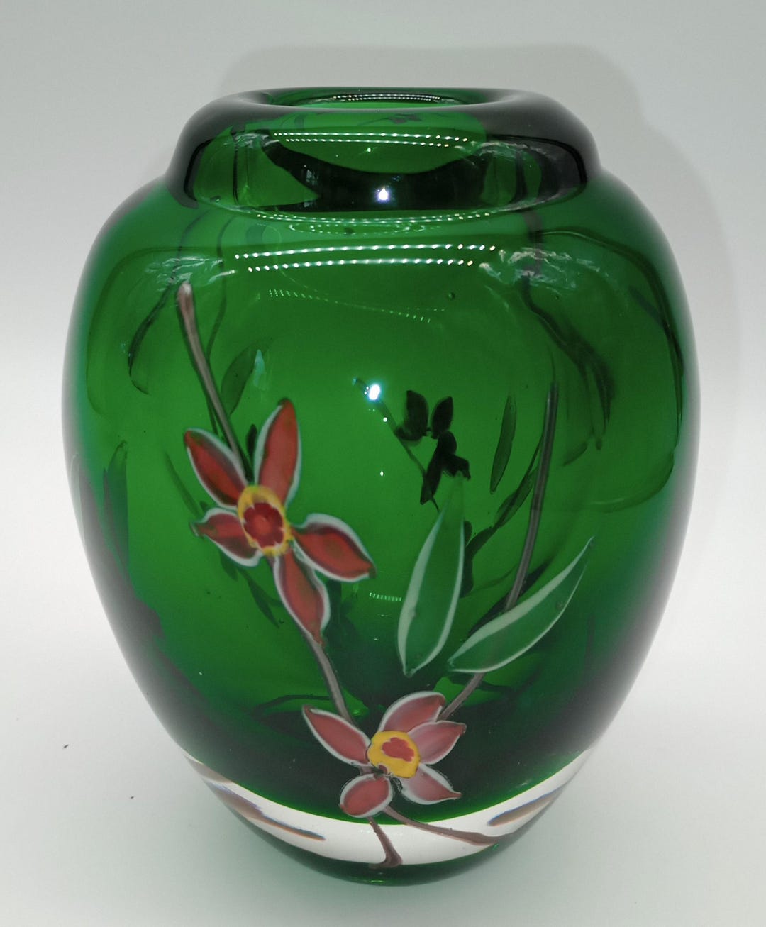 Vintage, Murano Emerald Green Art Glass Vase With Floral. - Etsy