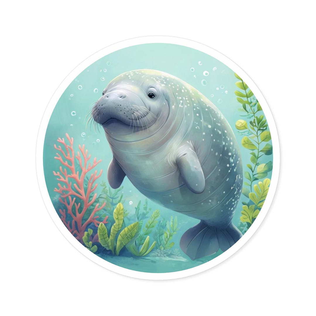 Manatee Round Stickers, Sea Life Decor, Ocean Animal Gift, Laptop ...