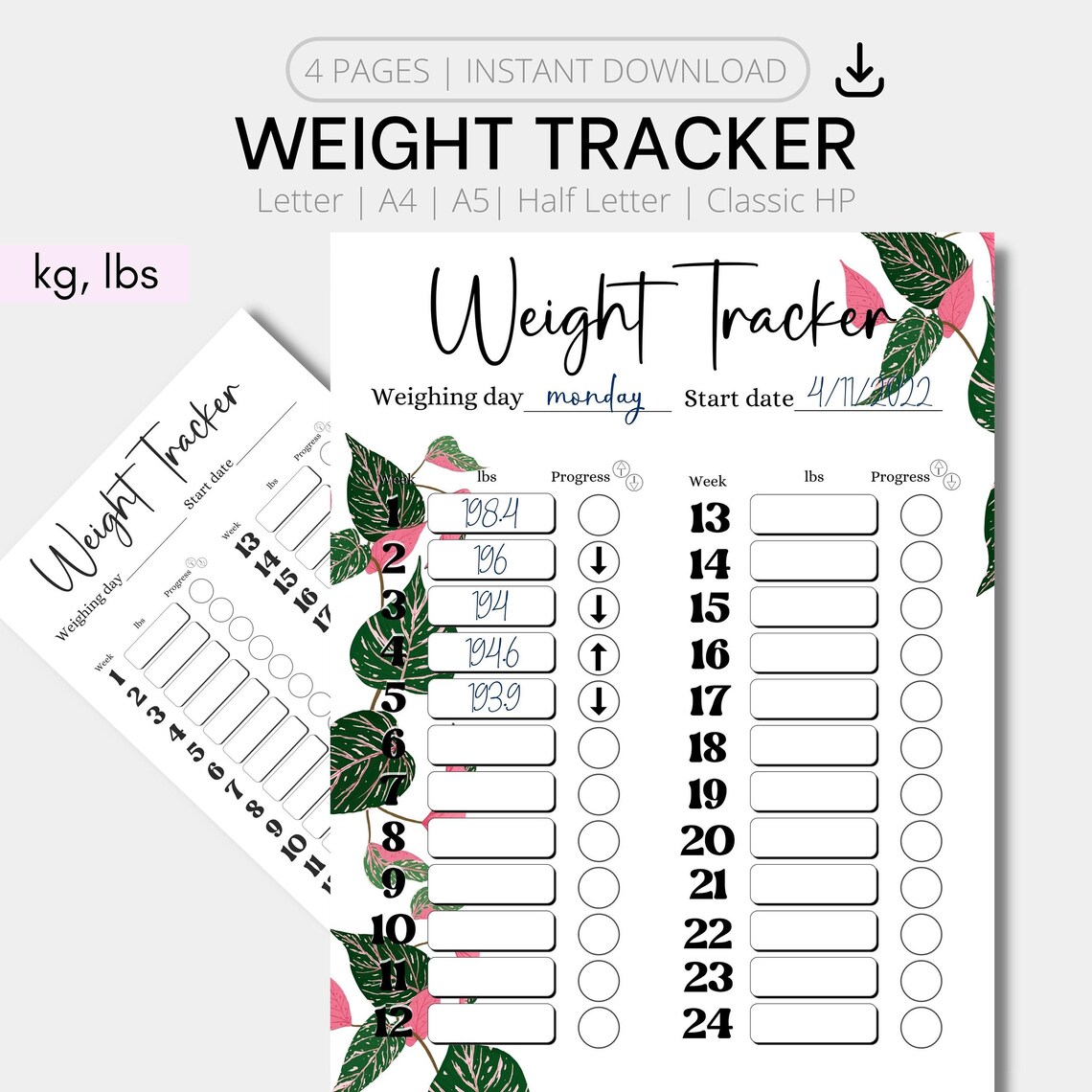 Weight Loss Tracker Weight Journal Digital Weight Loss Chart Weekly ...