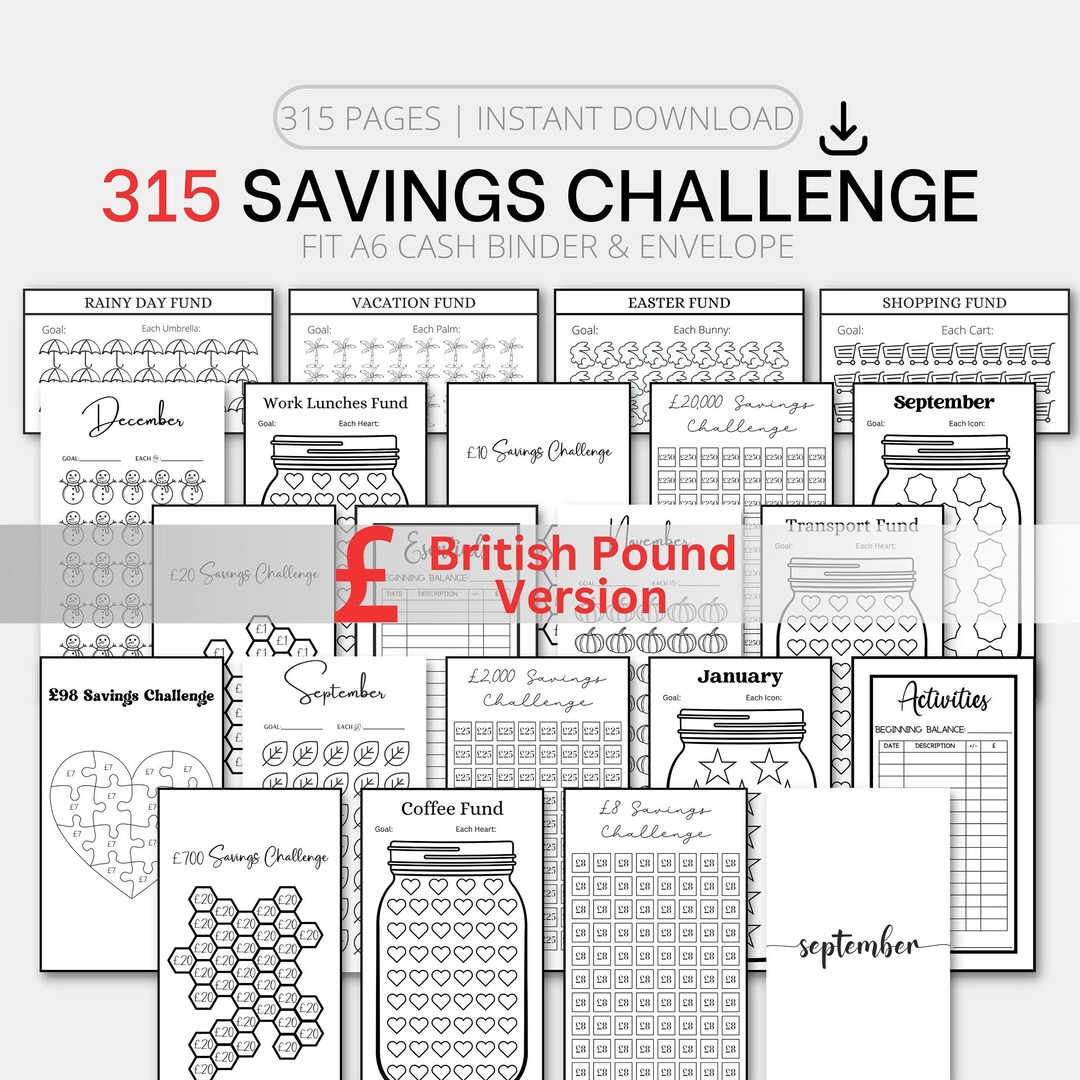 315 Printable British Pound A6 Savings Challenge Bundle | Cash Envelope ...