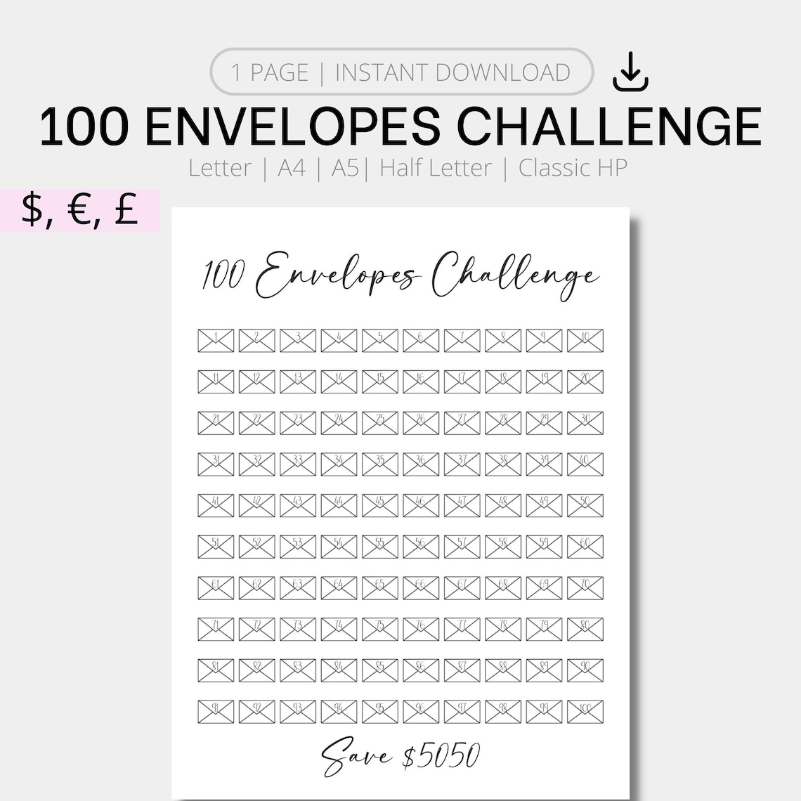 100 Envelope Challenge Printable | Money Savings Challenge, 5,050 ...