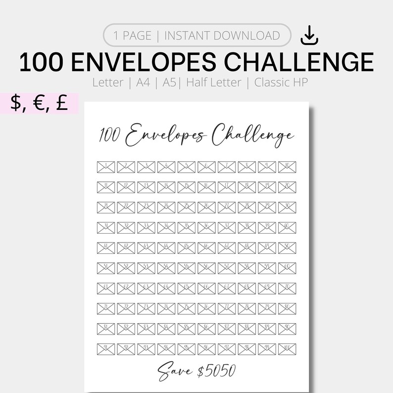 100 Envelope Challenge Printable Money Savings Challenge, 5,050 Savings ...