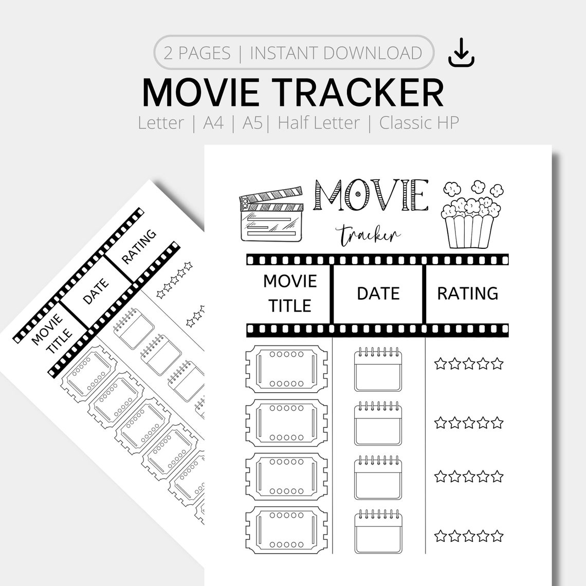 Printable Movie Tracker Template Movie to Watch List, Movie Journal ...