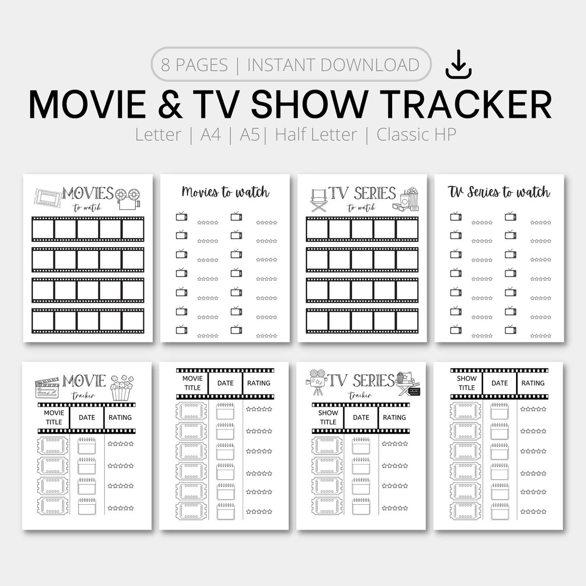 Printable Movie & TV Show Tracker | Digital Watch List, Episode Tracker ...
