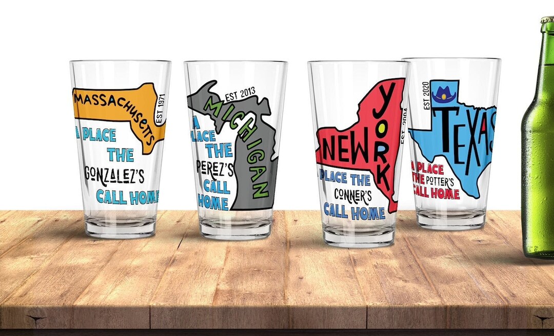 HOME STATE GLASSES - Usa State Map Beer Pint Glass - Custom Home States ...