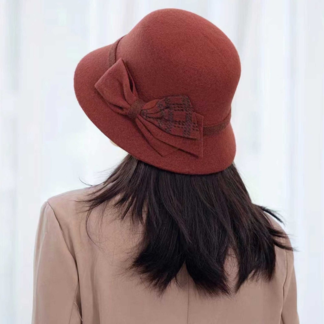 Handmade Wool Hat With Bow, Wool Bucket Hat for Women, Spring Fall ...