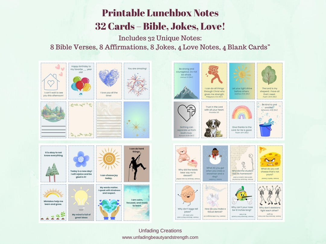 Printable Lunchbox Notes for Kids – Bible Verses, Affirmations, Jokes ...