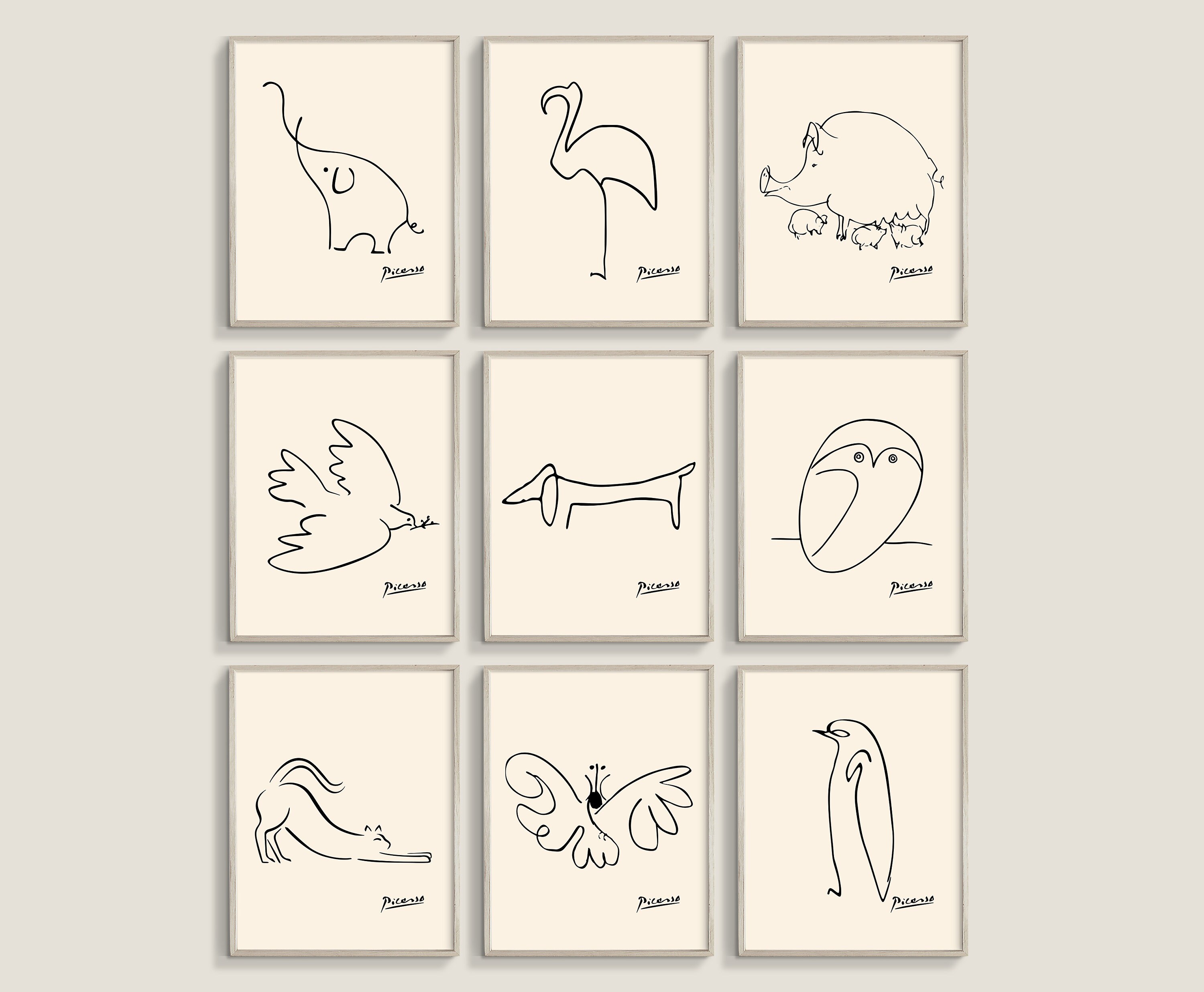 Picasso Line Drawing, Picasso Print Set, Set of 9, Animal Line Art ...