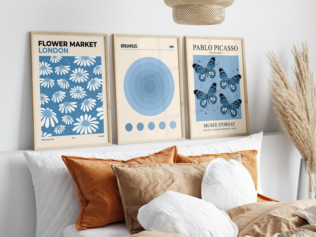 Blue Gallery Wall Set of 3, Light Blue Wall Art, Flower Market, Modern ...