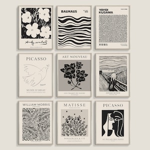 Black and White Exhibition Set of 9 Prints, Museum Poster Set, Black ...