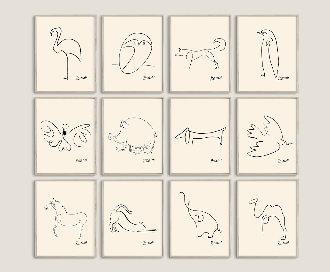 Picasso Animal Line Drawing, Picasso Print, Set of 12, Animal Sketch ...