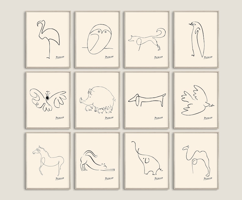 Picasso Animal Line Drawing, Picasso Print, Set of 12, Animal Sketch ...