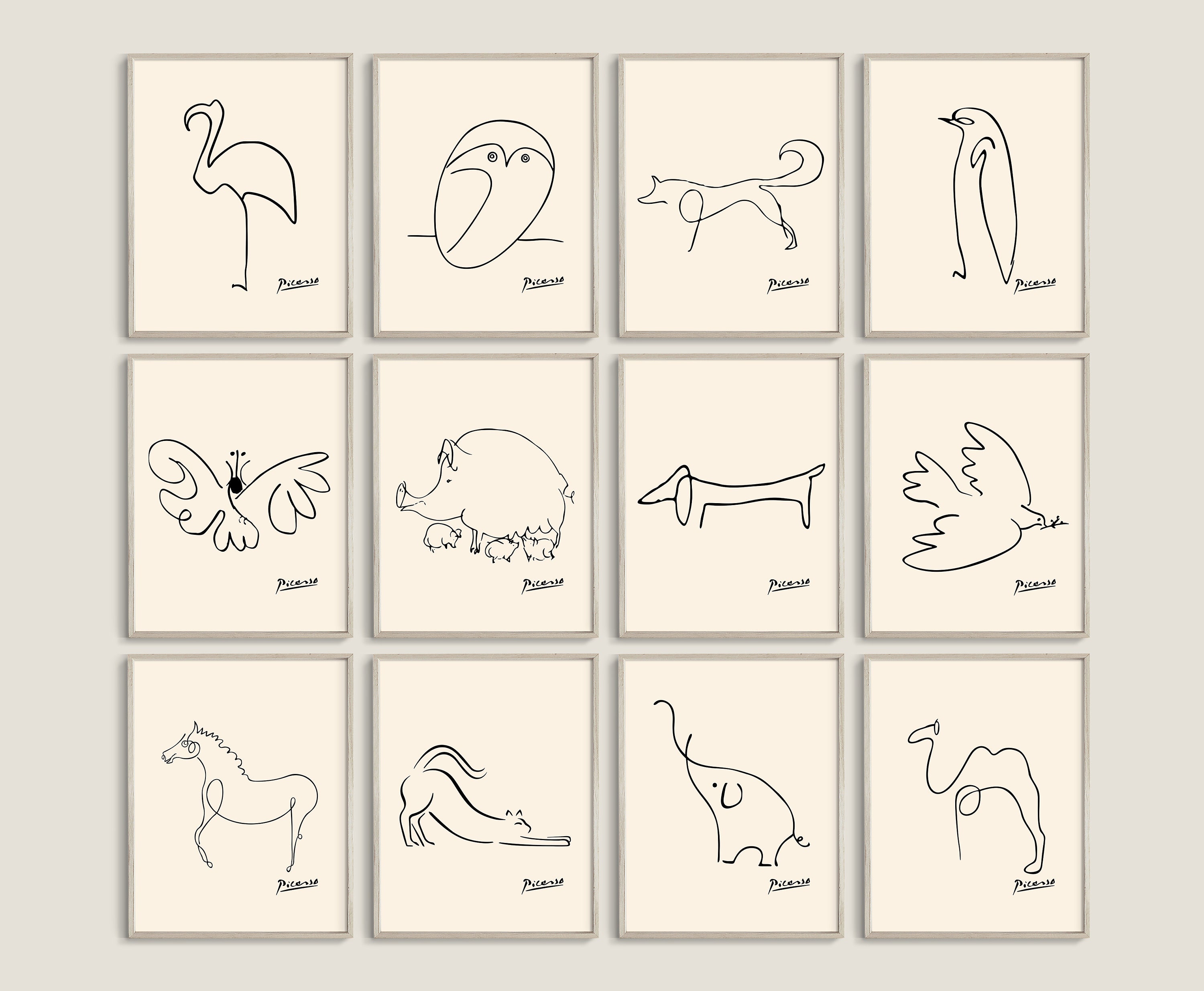 Picasso Animal Line Drawing, Picasso Print, Set of 12, Animal Sketch ...