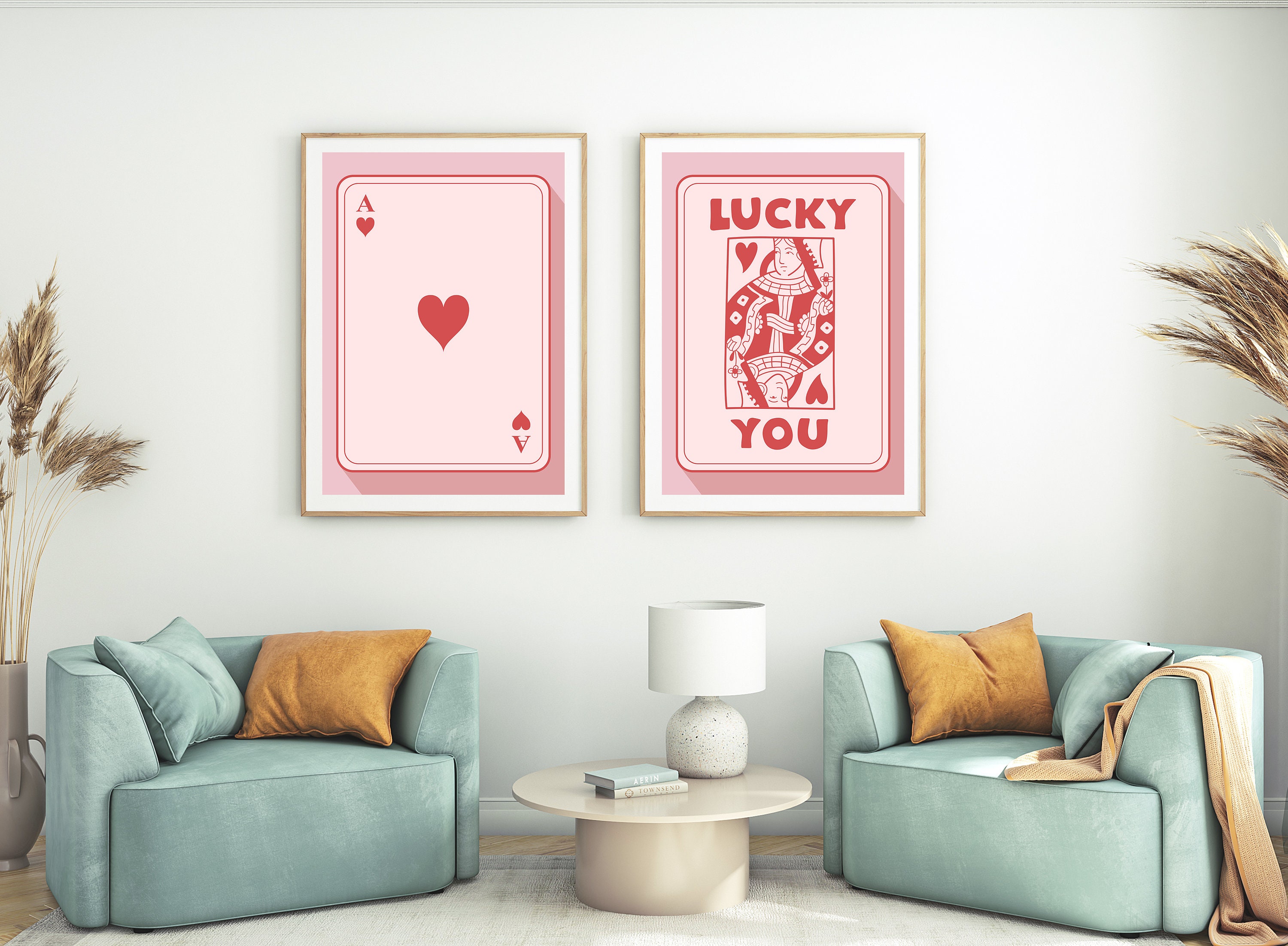Retro Wall Art Set of 2 Lucky You Print Pink Card Print - Etsy