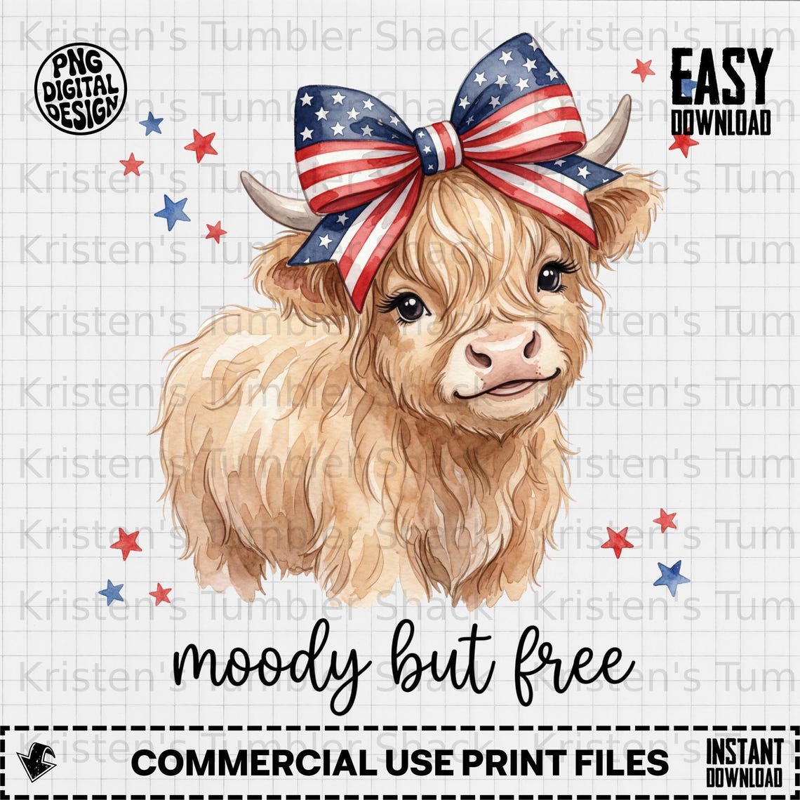 Moody but Free Highland Cow PNG, Patriotic Highland Cow Sublimation ...