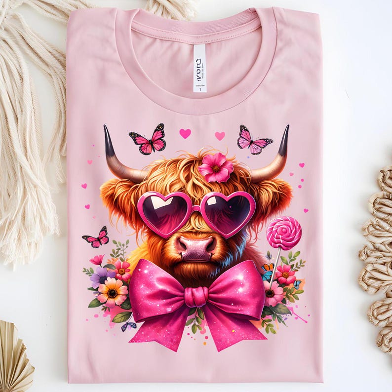 Pink Bow Highland Cow PNG Lollipop Cow DTF Sublimation Design Pink ...
