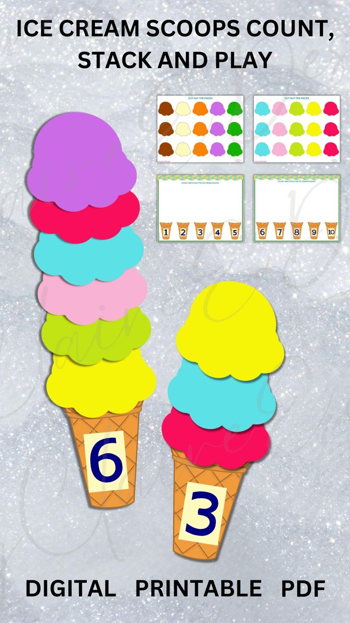 Ice Cream Scoops Count, Stack & Play, Printable Counting Activities ...