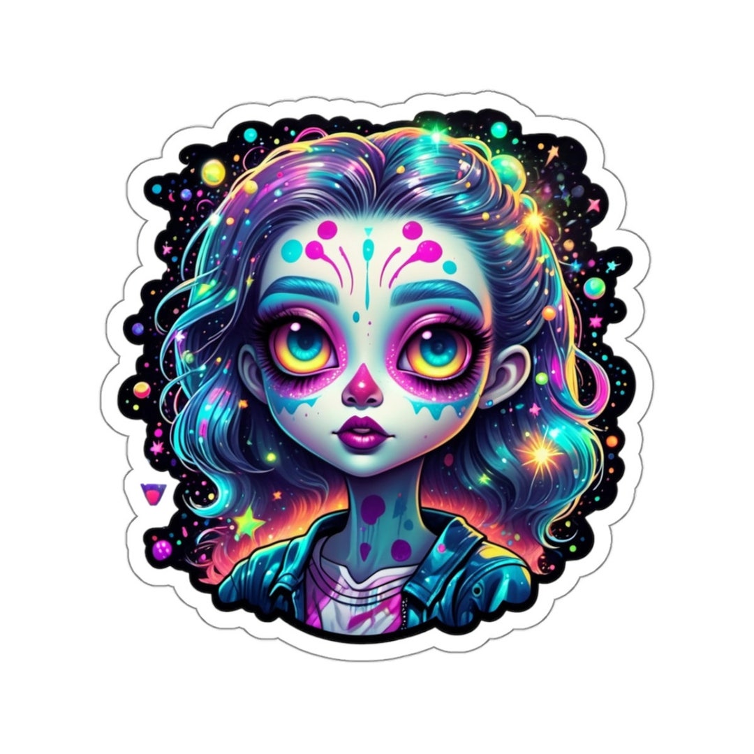 Psychedelic Astro Pop Zombiedoll Sticker, Vibrant Pastel Rainbow Hues ...