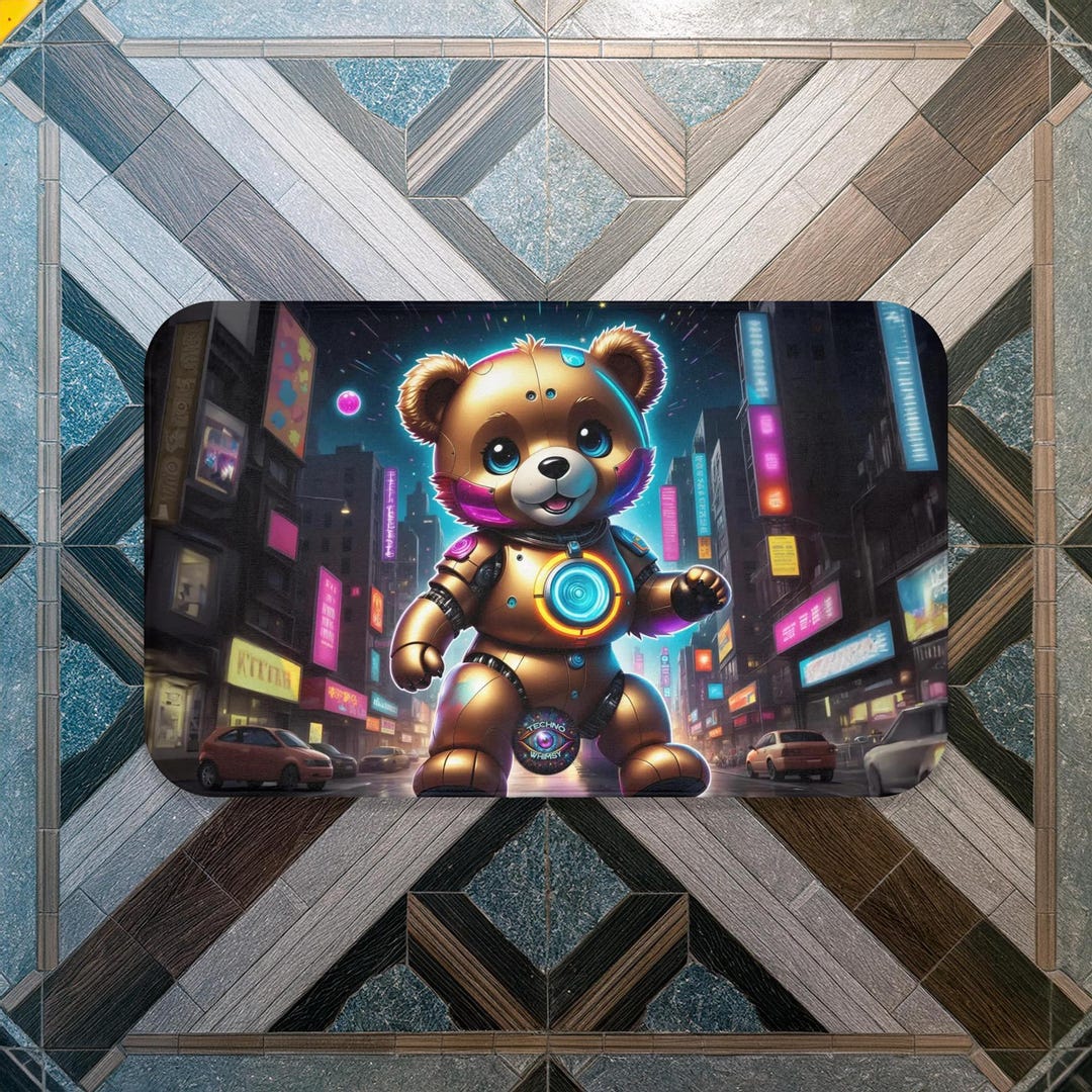 Cyberpunk Teddy Bear Bath Mat Futuristic City Bathroom Decor - Etsy
