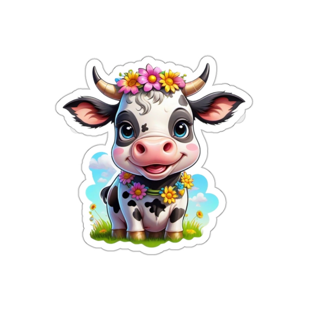 Cheerful Farm Cow Sticker Cute Flower Bovine Calf Vinyl Decal for ...