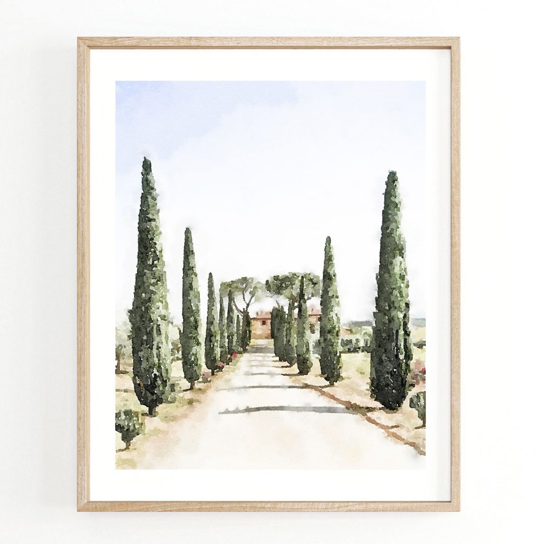 Cypress Trees Italy Watercolor Print, Tuscany Landscape, Italian Decor ...
