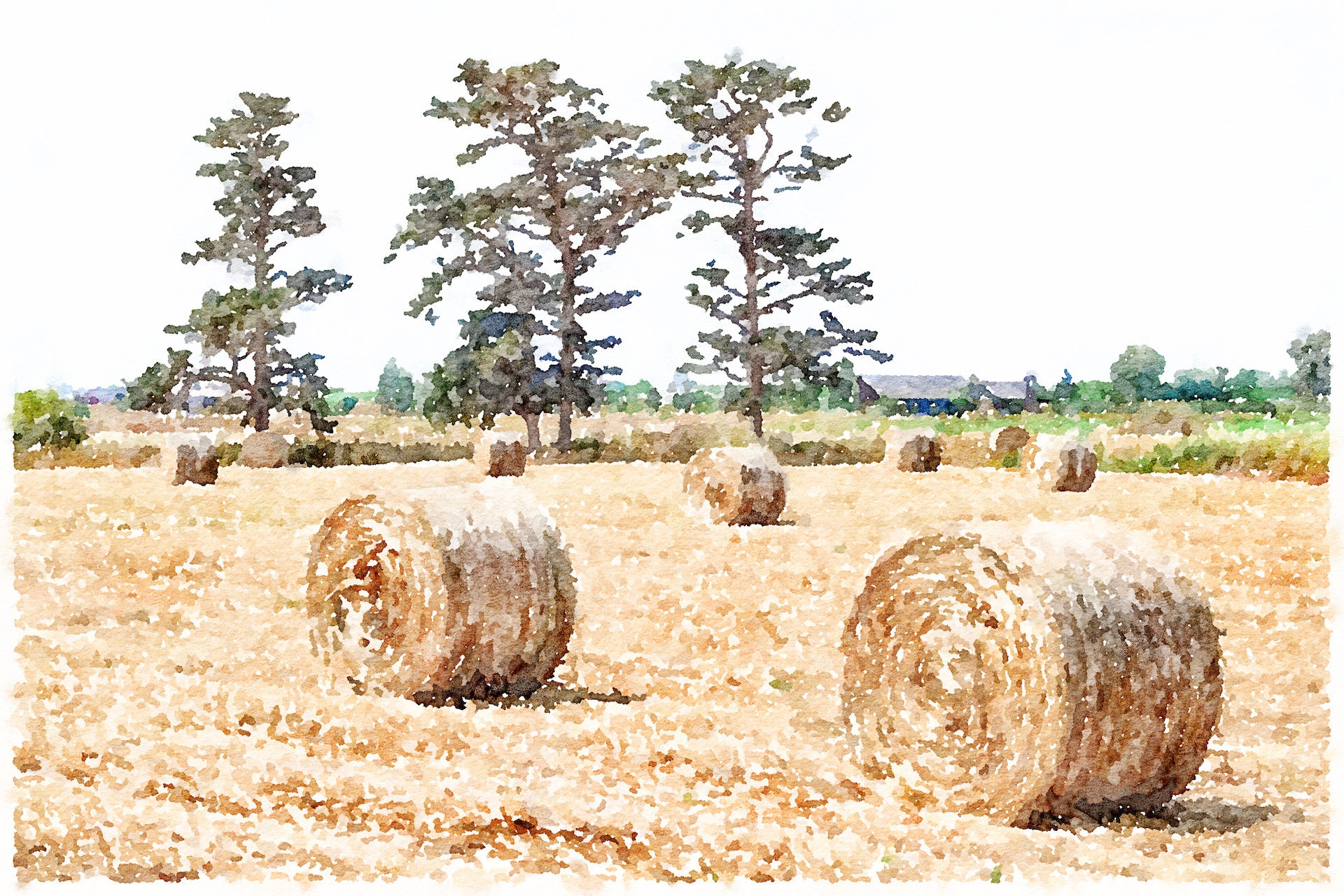 Hay Field Watercolor Print, Hay Bales Print, Farmhouse Wall Art, Rustic ...