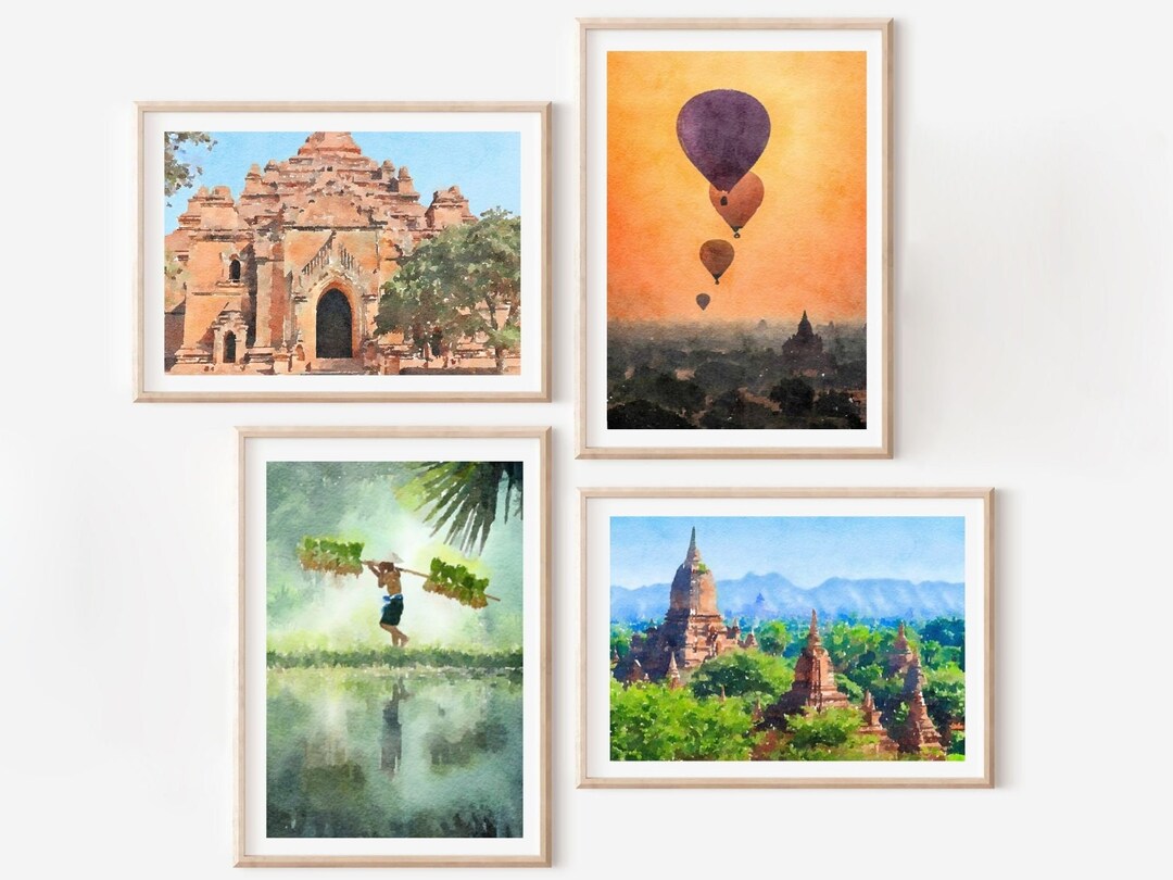 Myanmar Watercolor Gallery Wall, Set of 4 Print, Travel Poster Myanmar ...