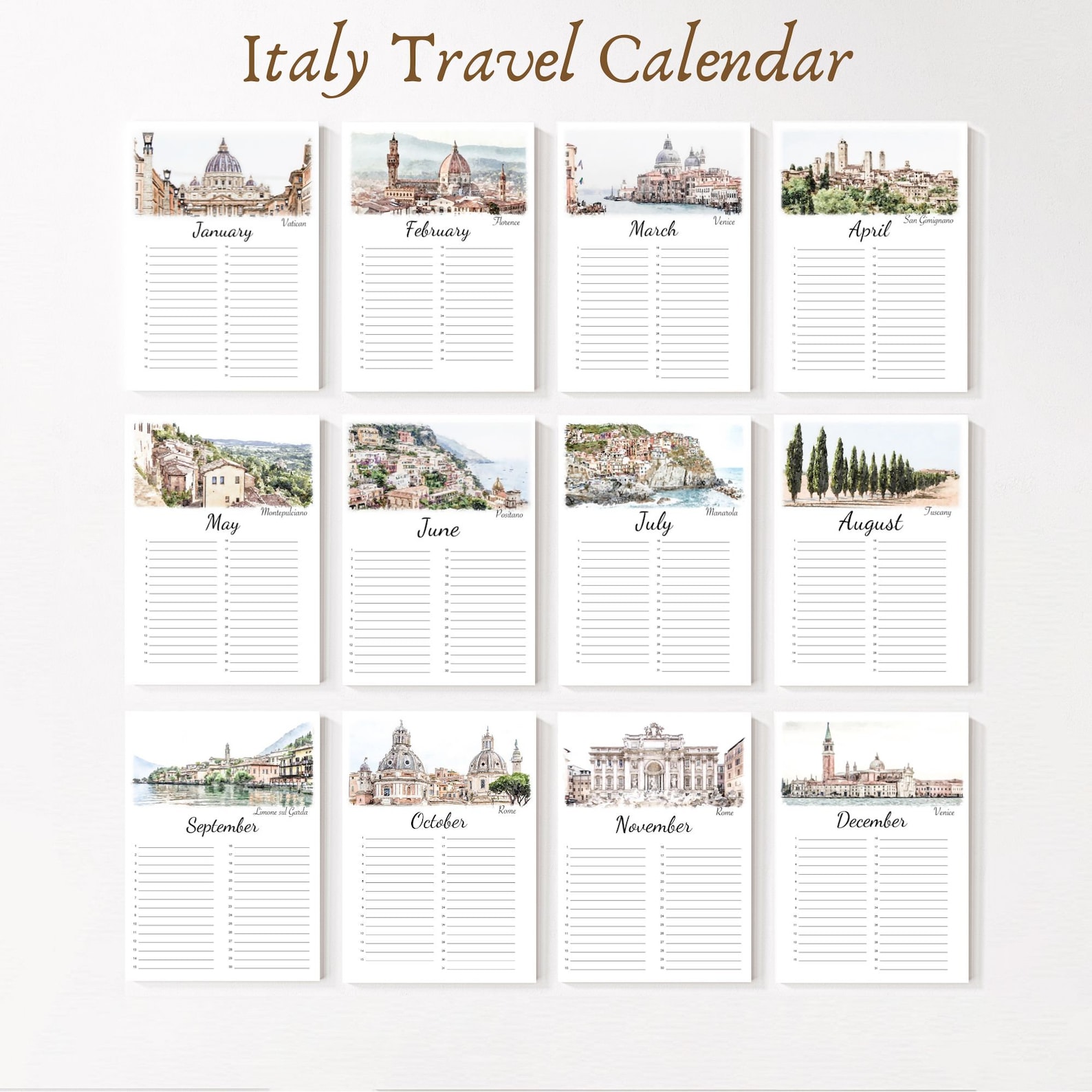 Italy Travel Printable Calendar, Perpetual Birthday Calendar, Italy ...