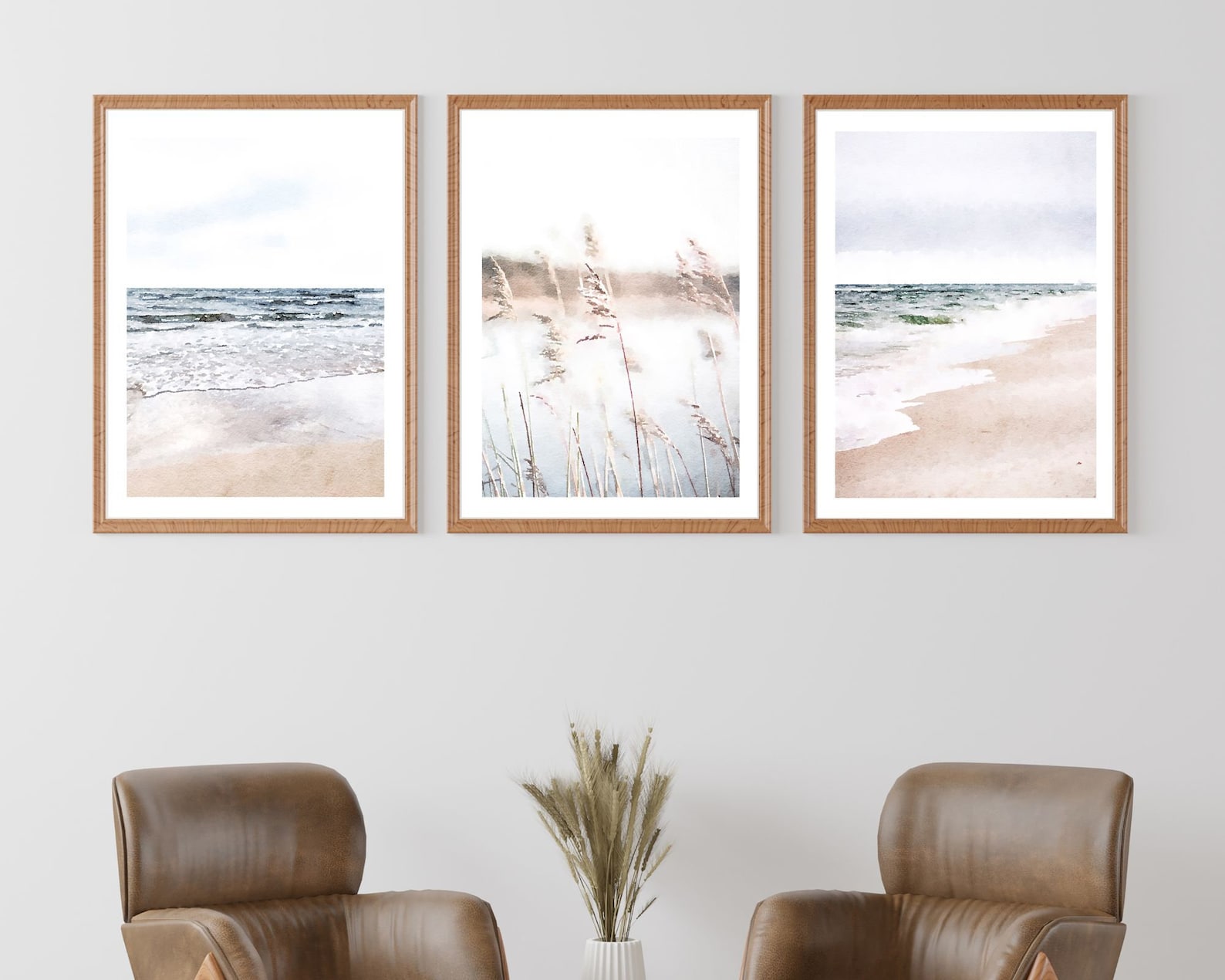 Neutral Beach Print Set of 3 Wall Art, Beach Watercolor Paintings ...