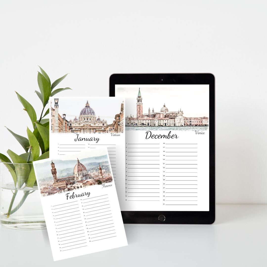 Italy Travel Printable Calendar, Perpetual Birthday Calendar, Italy ...
