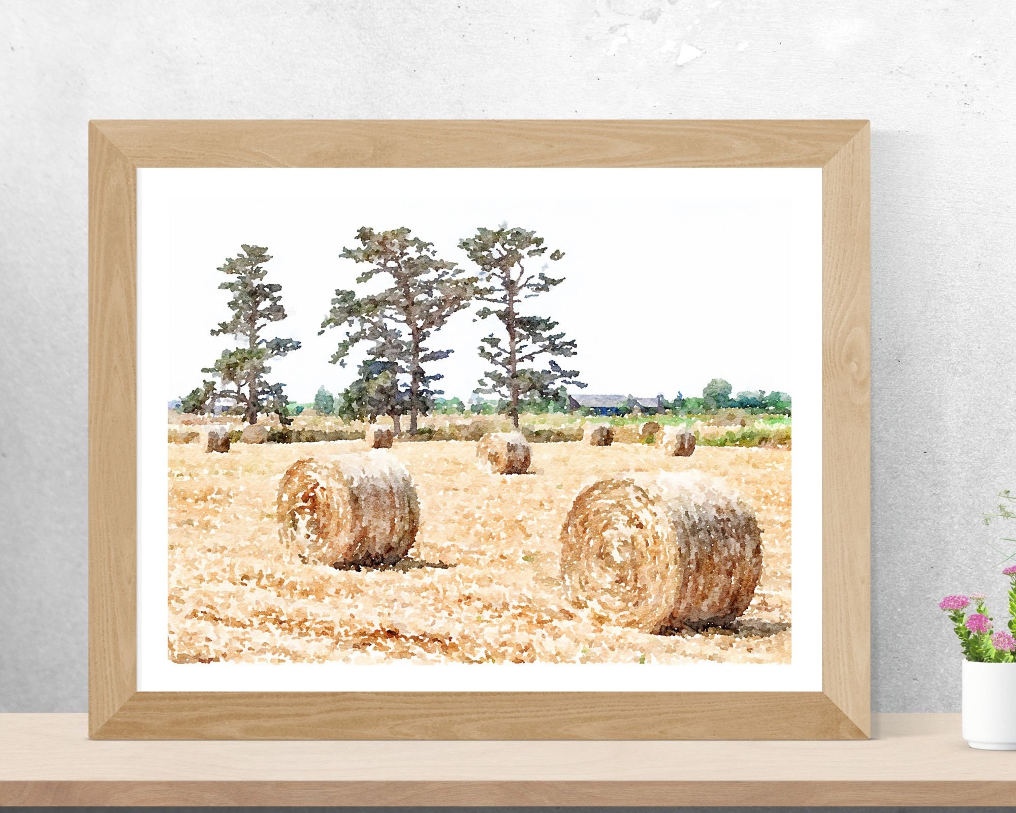 Hay Field Watercolor Print, Hay Bales Print, Farmhouse Wall Art, Rustic ...