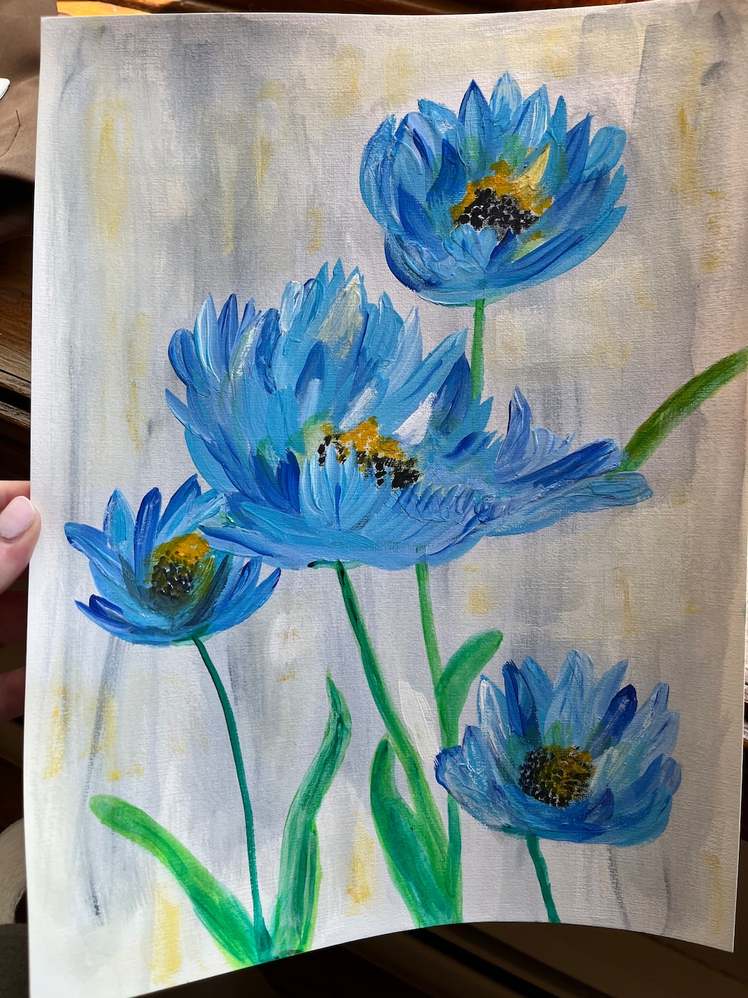 Blue Flower Acrylic Painting on Watercolor Paper With Easel - Etsy
