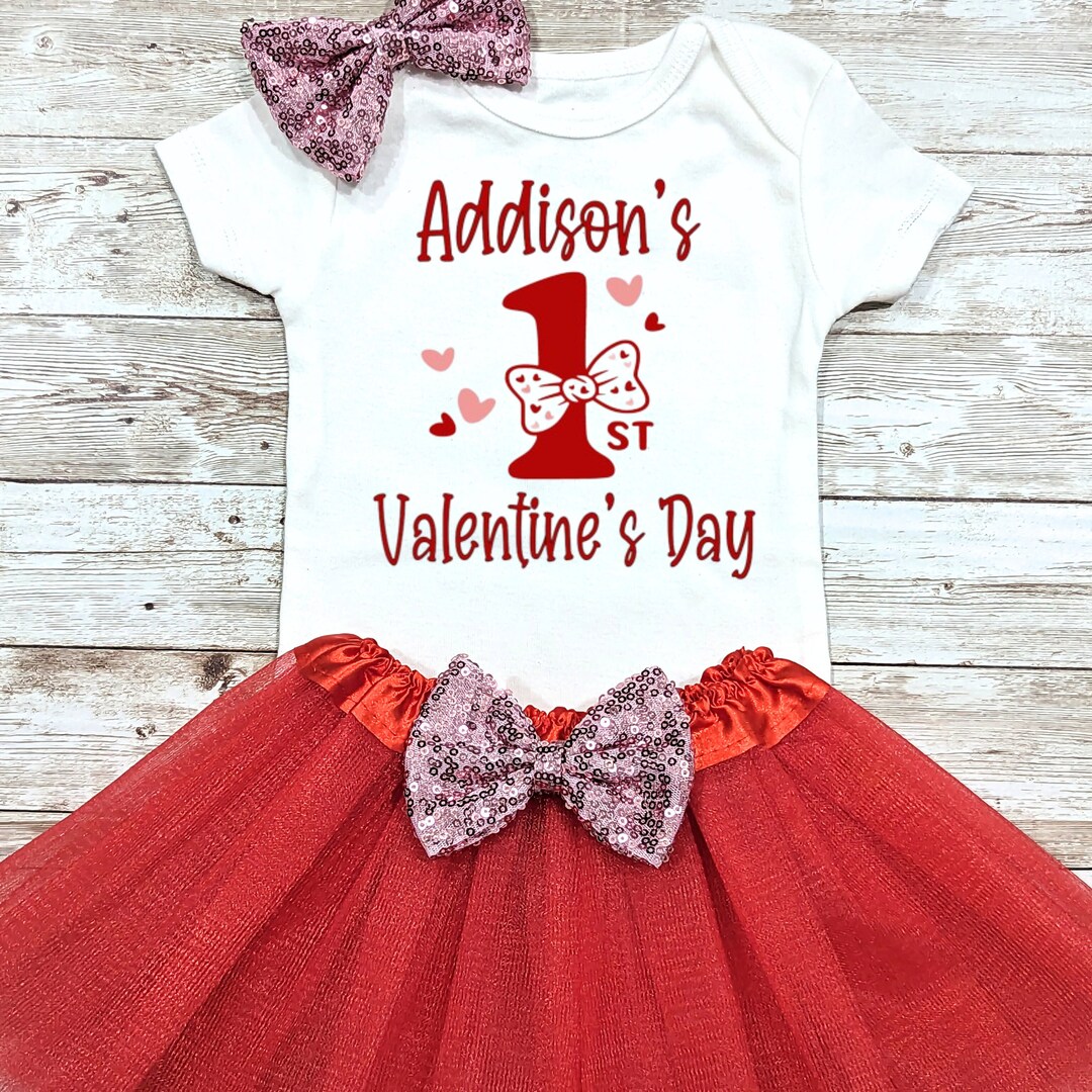 First Valentines Day Baby Girl Outfit My 1st Valentine's Day Bodysuit Personalized Red ...