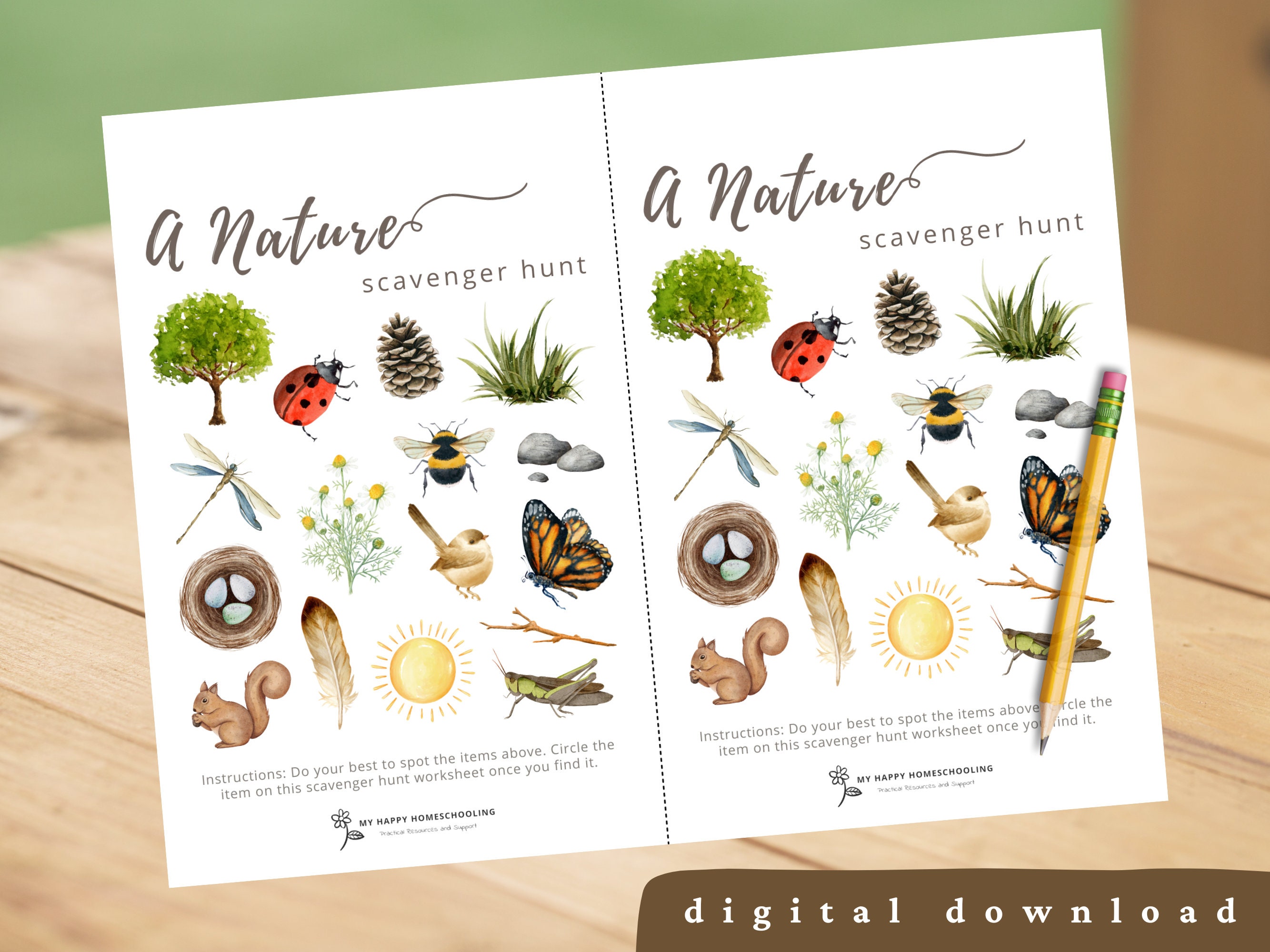 Printable Nature Scavenger Hunt for Kids, Watercolor Full Color for ...