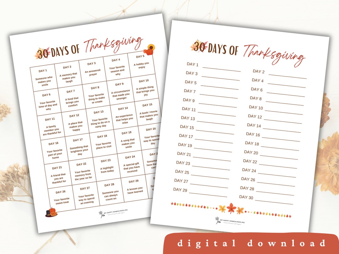 Printable 30 Days of Thanksgiving Challenge for November, Gratitude ...
