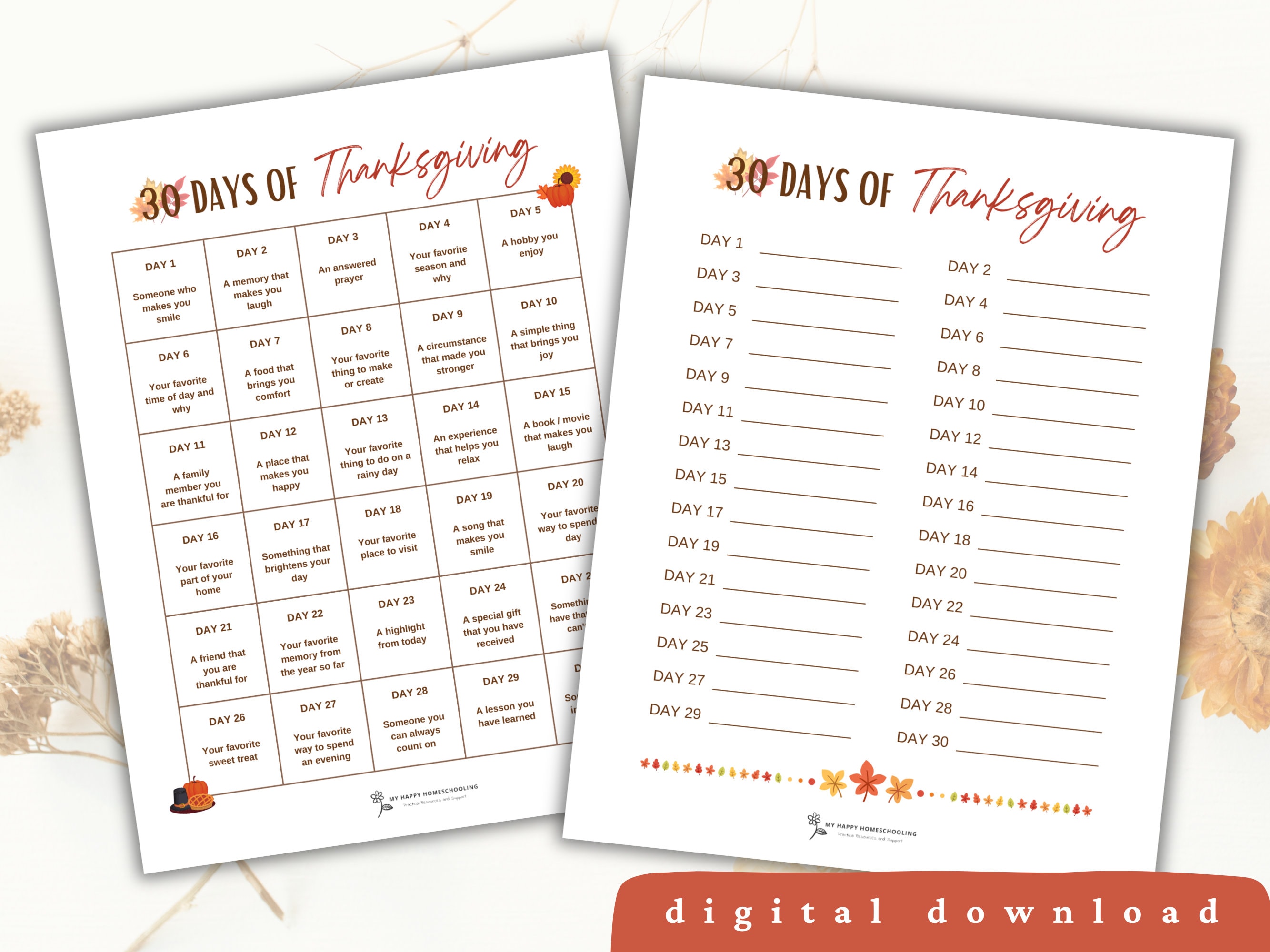 Printable 30 Days of Thanksgiving Challenge for November, Gratitude ...